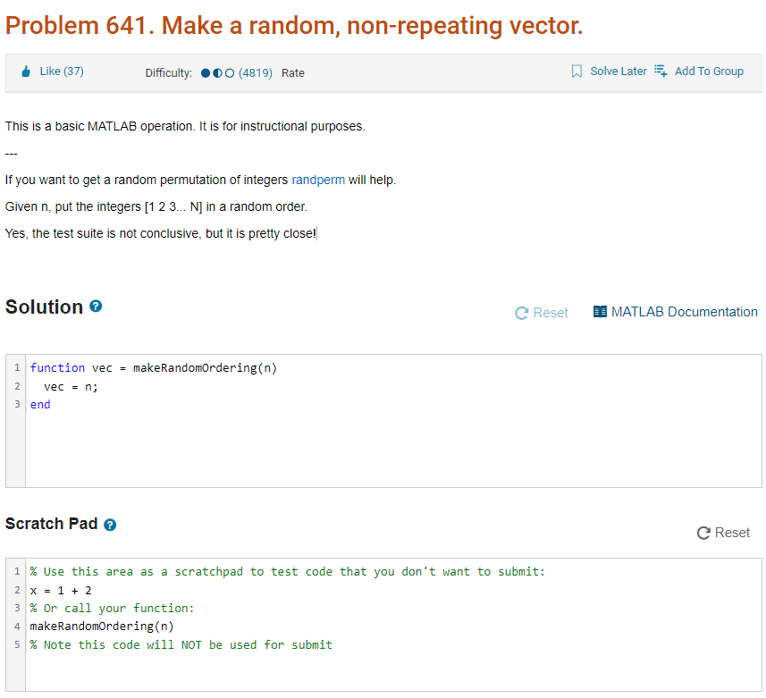 Solved MATLAB Cody Problem 641. ﻿Make a random, | Chegg.com