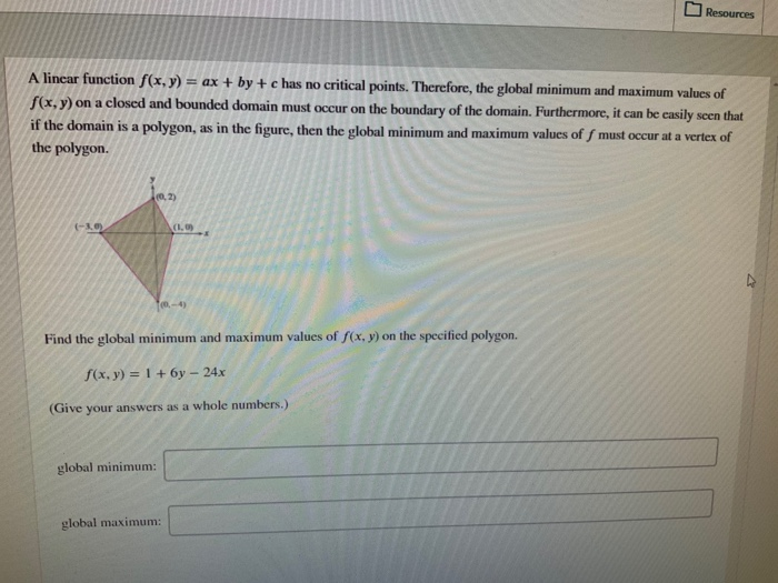 Solved Resources A linear function f(x,y) = ax + by + c has | Chegg.com