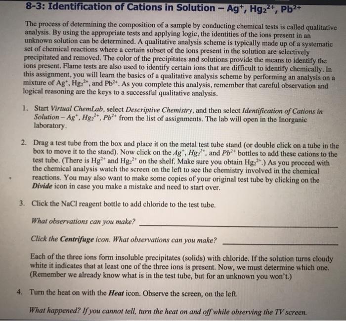 Solved 8-3: Identification of Cations in Solution - Ag+, | Chegg.com