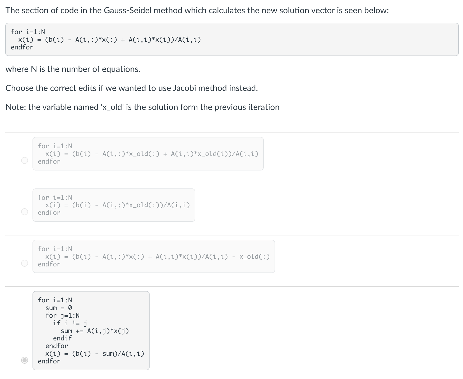 Solved The section of code in the Gauss-Seidel method which | Chegg.com