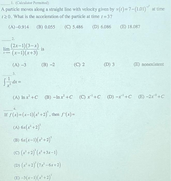 Solved 1. (Calculator Permitted) A particle moves along a | Chegg.com
