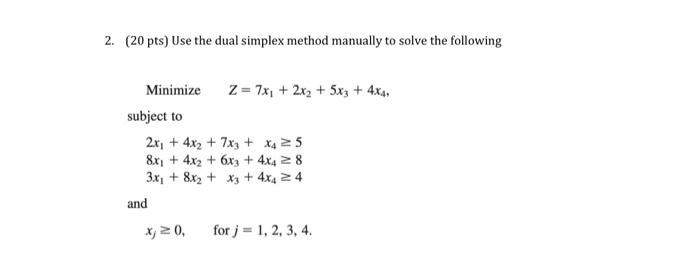 Solved (20 pts) Use the dual simplex method manually to | Chegg.com