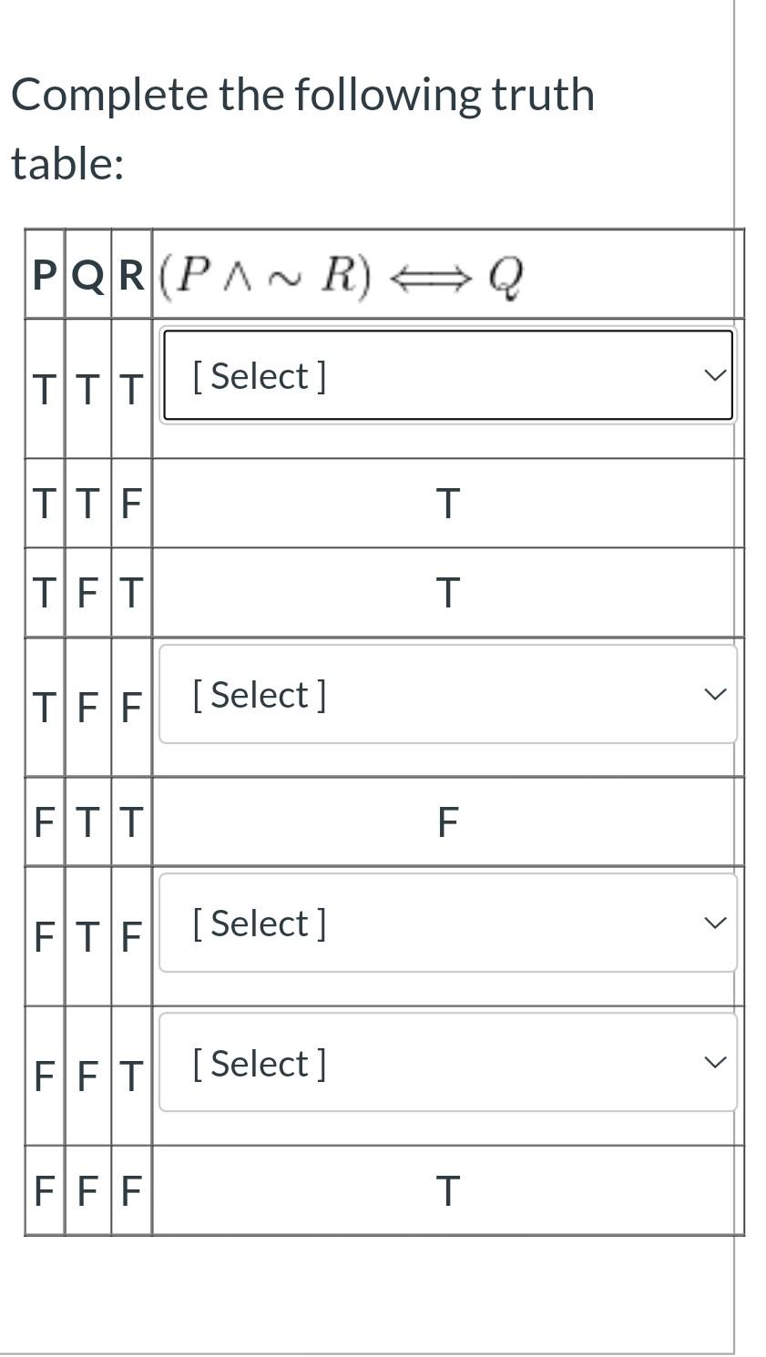 Solved Complete the following truth table: PQR(PA~ R) SQ TTT | Chegg.com