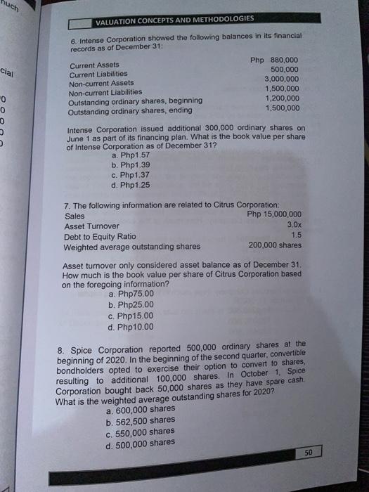 Solved VALUATION CONCEPTS AND METHODOLOGIES MULTIPLE CHOICE | Chegg.com