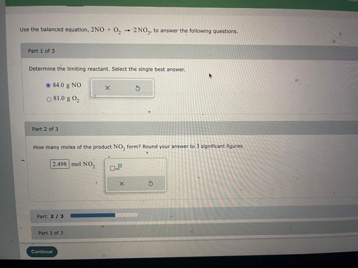 Solved Use the balanced equation, 2NO+O2→2NO2, to answer the | Chegg.com
