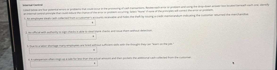 Solved Internal ControlListed below are four potential | Chegg.com