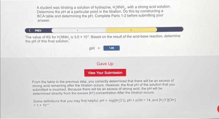 Solved A student was titrating a solution of hydrazine, | Chegg.com