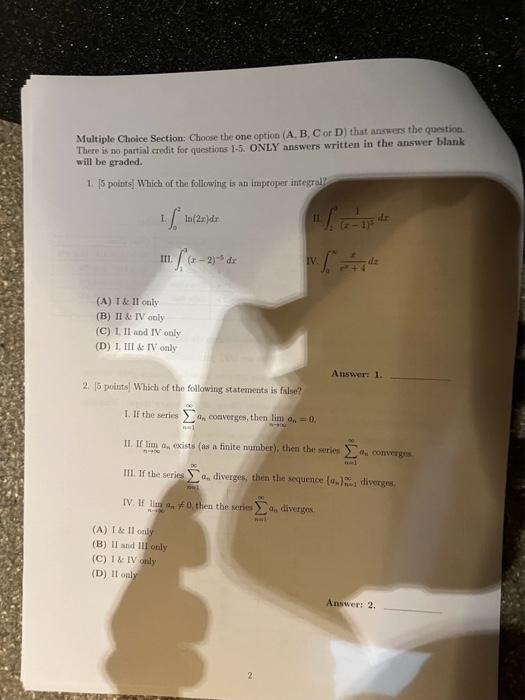 Solved Multiple Choice Section: Choose the one option (A, B, | Chegg.com