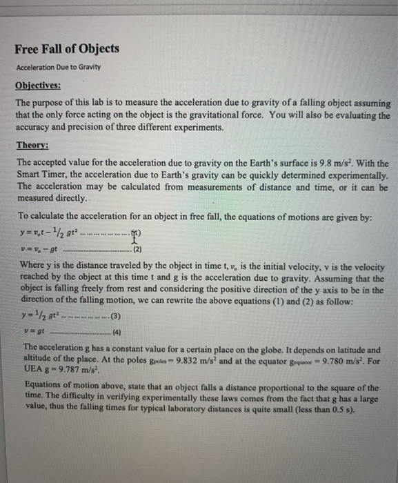 Solved Free Fall of Objects Acceleration Due to Gravity | Chegg.com