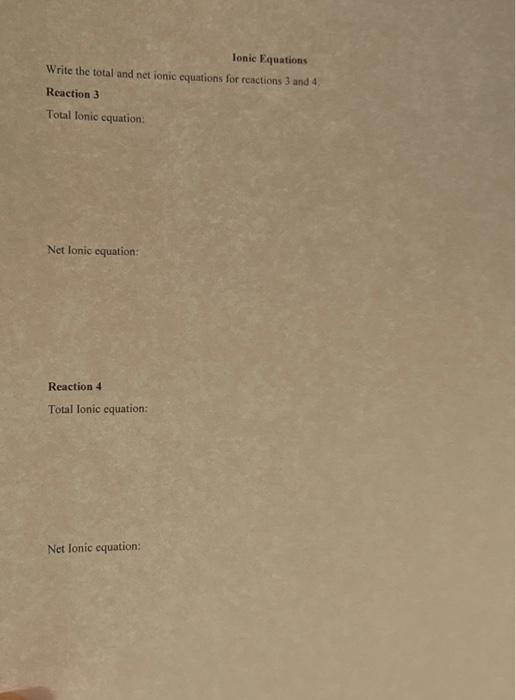 Solved Data Table\r\n\r\nNet lonic equation: Reaction 4 | Chegg.com