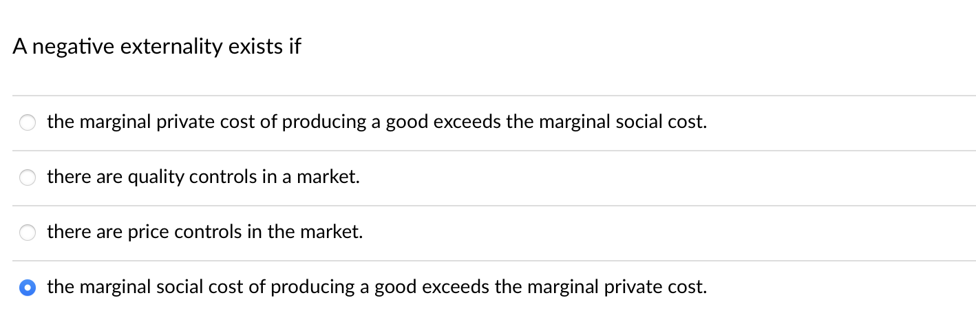 Solved A negative externality exists ifthe marginal private | Chegg.com