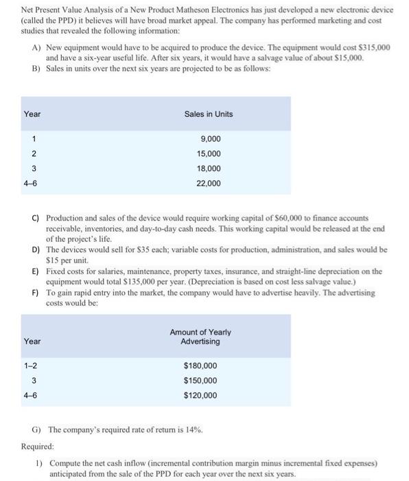 Solved Net Present Value Analysis of a New Product Matheson | Chegg.com