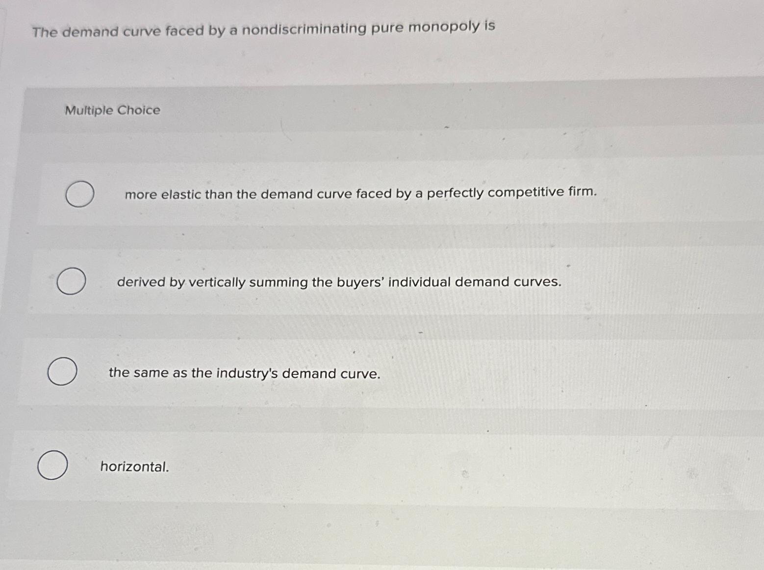 Solved The demand curve faced by a nondiscriminating pure | Chegg.com Solved The demand curve faced by a nondiscriminating pure | Chegg.com