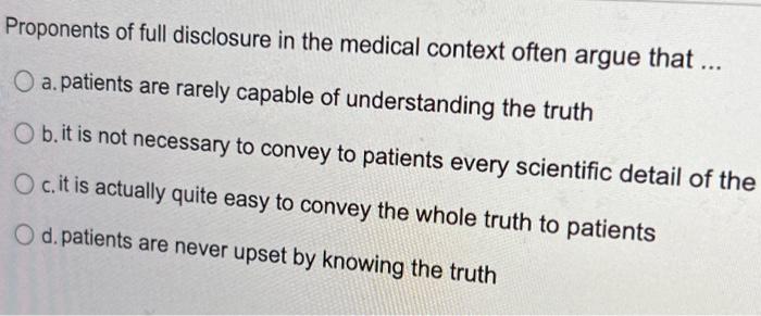 Proponents of full disclosure in the medical context | Chegg.com