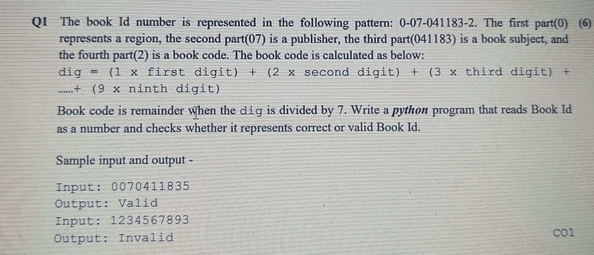 Solved QI The book Id number is represented in the following | Chegg.com