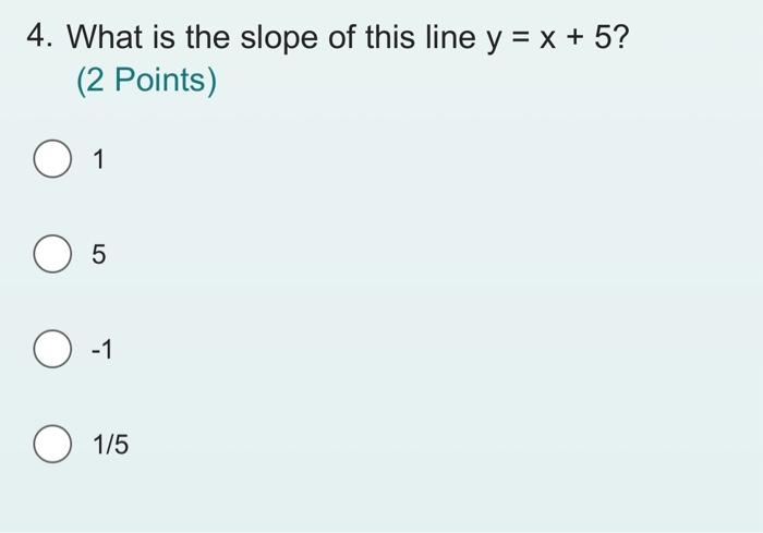 Solved 4. What is the slope of this line y=x+5 ? (2 Points) | Chegg.com