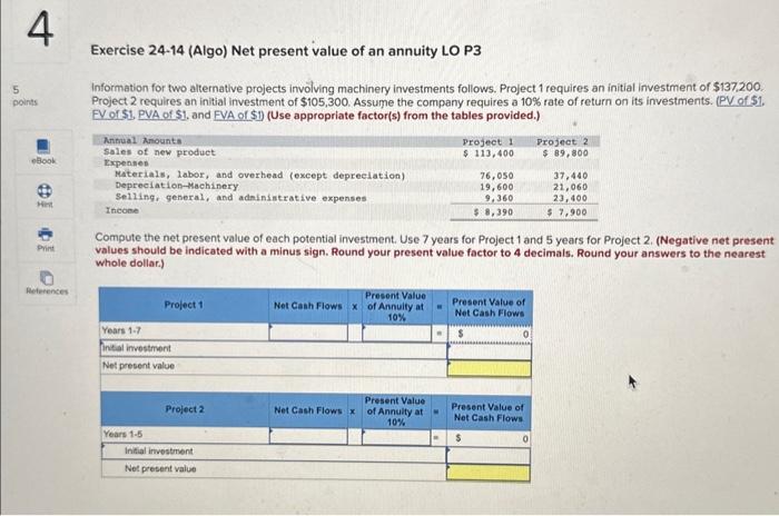 Solved Exercise 24-14 (Algo) Net present value of an annuity | Chegg.com