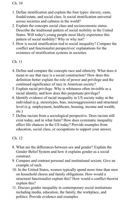 Ch. 10 1. Define stratification and explain the four | Chegg.com
