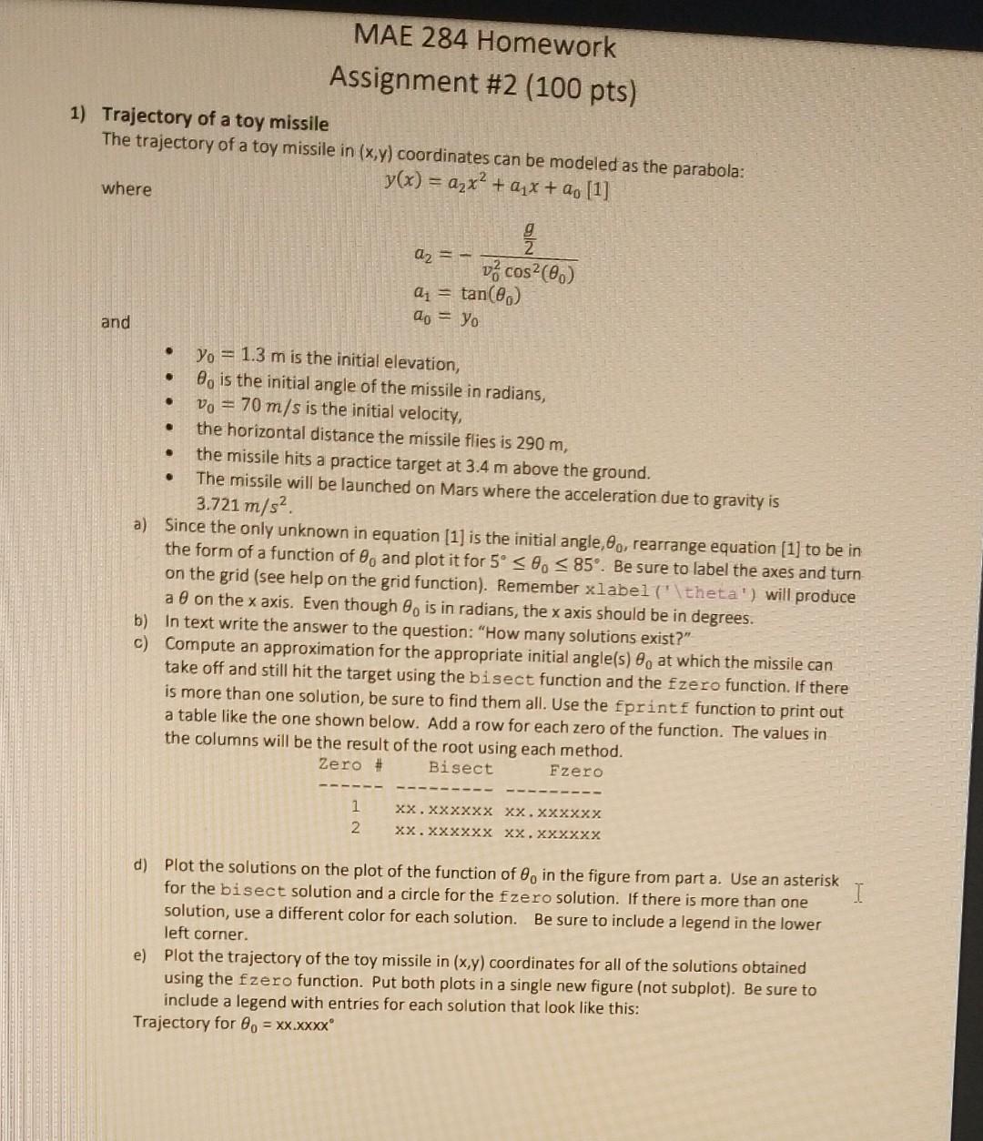 Solved 1) Trajectory of a toy missile The trajectory of a | Chegg.com