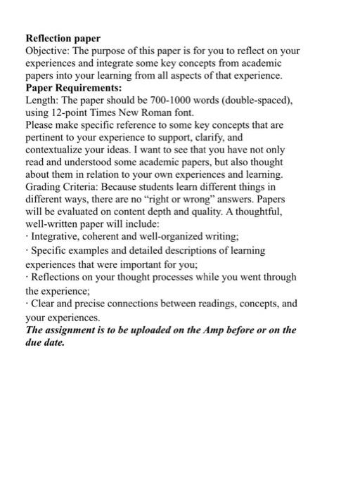 Reflection paper Objective: The purpose of this paper | Chegg.com