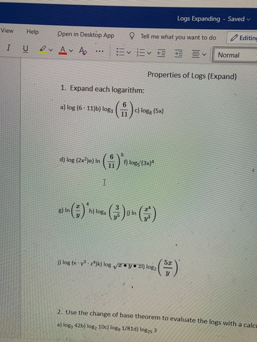 Solved Logs Expanding Properties of Logs (Expand) 1. Expand | Chegg.com