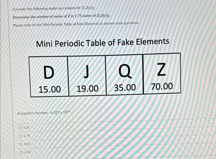 Solved Mini Periodic Table of Fake Elements Nunt. 2.022×1023 | Chegg.com