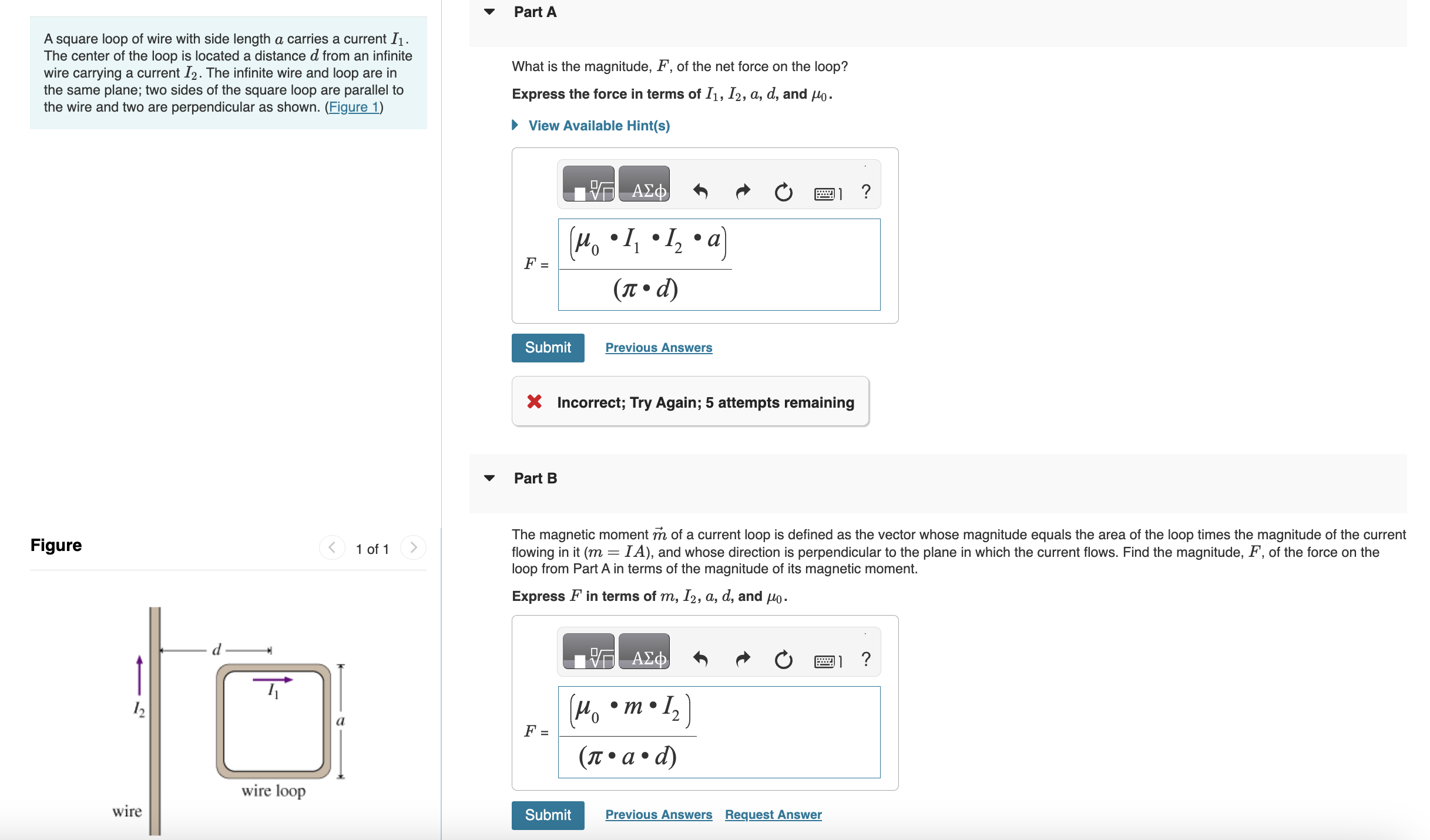 Solved A square loop of wire with side length a carries a | Chegg.com