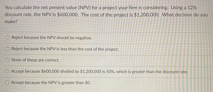 Solved You calculate the net present value (NPV) for a | Chegg.com