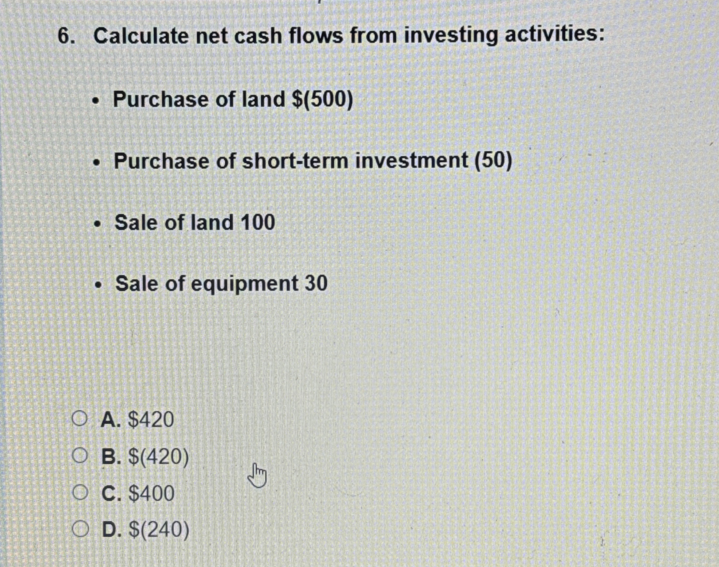 Solved Calculate net cash flows from investing | Chegg.com