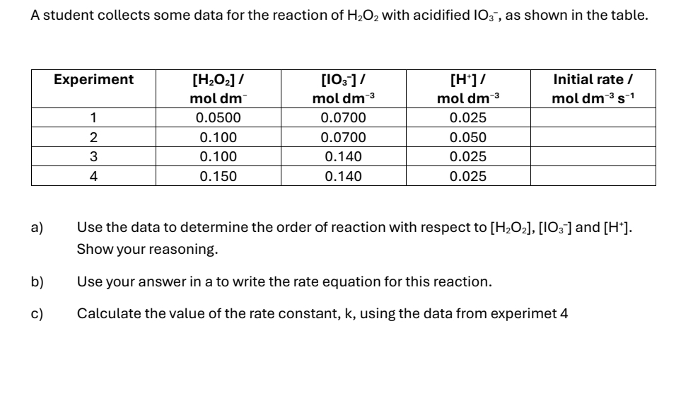 Solved A student collects some data for the reaction of H2O2 | Chegg.com