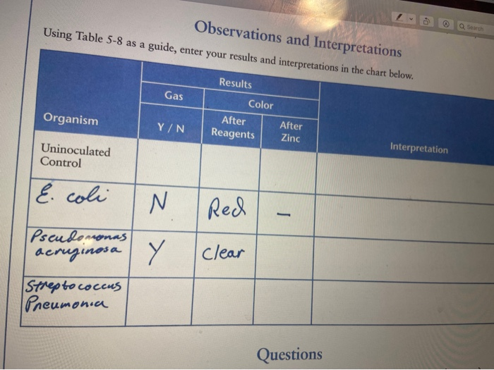 Solved Observations and Interpretations Using Table 5-8 as a | Chegg.com