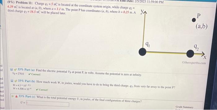 Solved (85) Problem 11: Charge q1=5nC is located at the | Chegg.com