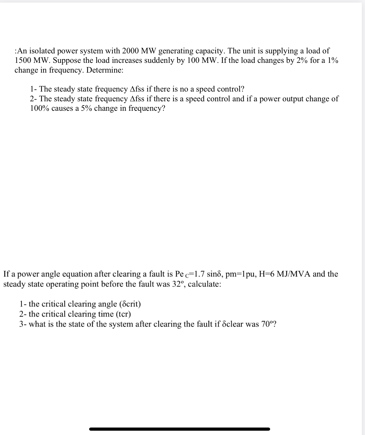 Solved :An isolated power system with 2000 ﻿MW generating | Chegg.com