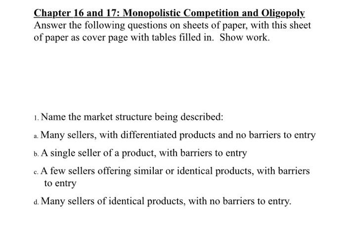 Solved Chapter 16 and 17: Monopolistic Competition and | Chegg.com