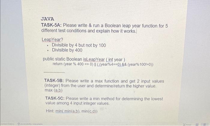Solved Java Task 5a Please Write And Run A Boolean Leap Year 