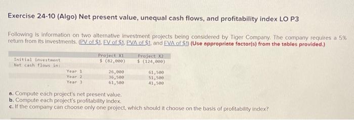 Solved Exercise 24-10 (Algo) Net present value, unequal cash | Chegg.com