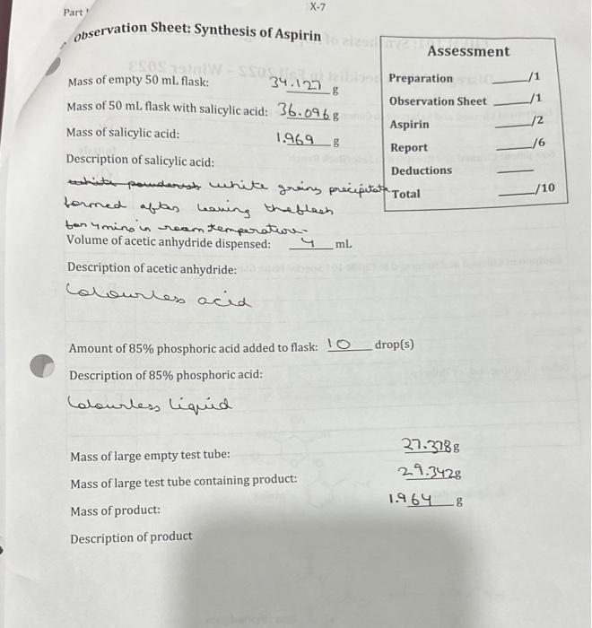 Solved Part! observation Sheet: Synthesis of Aspirin | Chegg.com