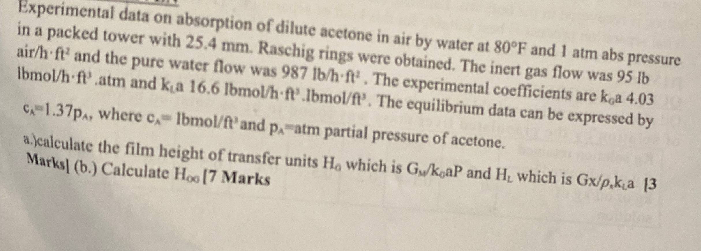 Solved Experimental data on absorption of dilute acetone in | Chegg.com