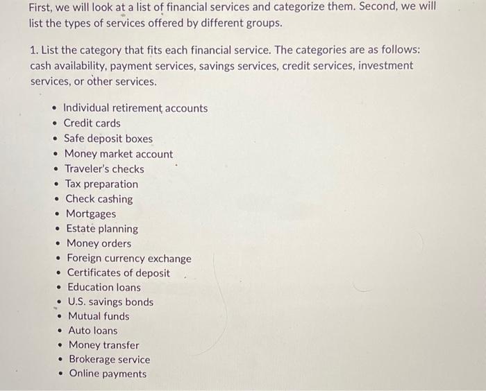 Solved First, we will look at a list of financial services | Chegg.com