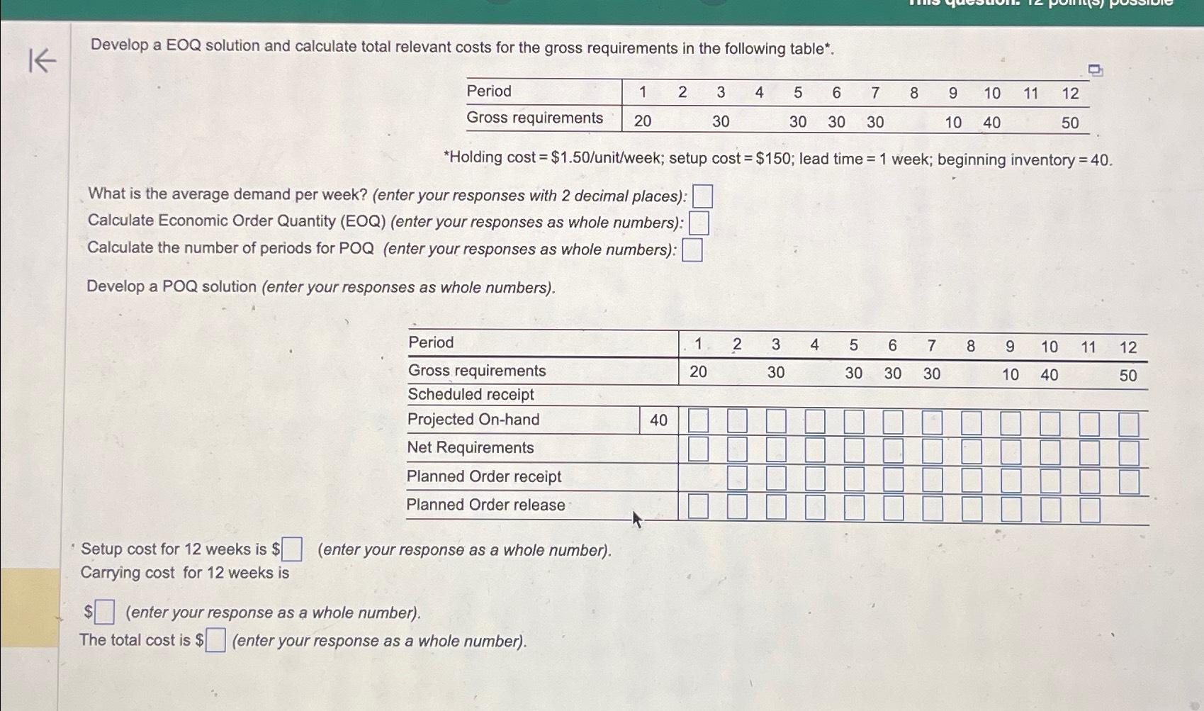 Solved Develop a EOQ solution and calculate total relevant | Chegg.com