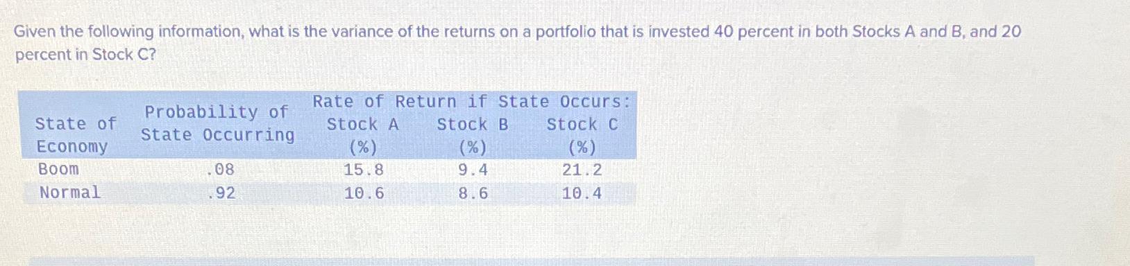 Solved Given the following information, what is the variance | Chegg.com
