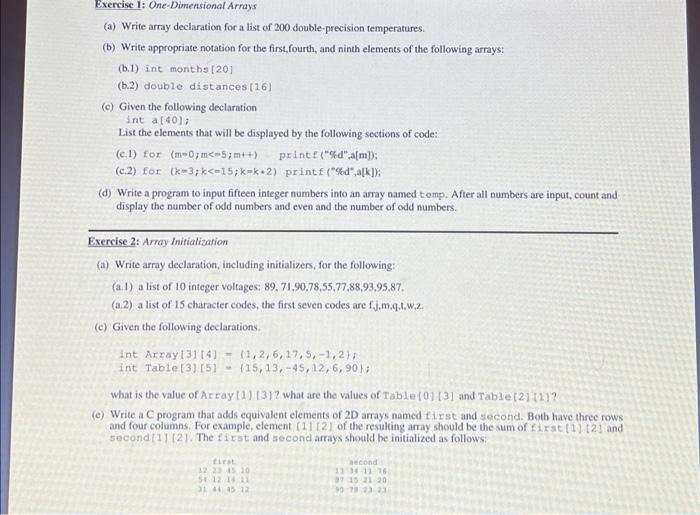 Solved Exercise 1: One Dimensional Arrays (a) Write array | Chegg.com