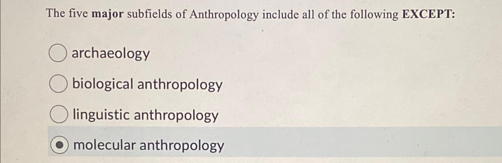Solved The five major subfields of Anthropology include all | Chegg.com