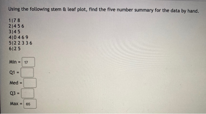 Solved Using the following stem & leaf plot, find the five | Chegg.com