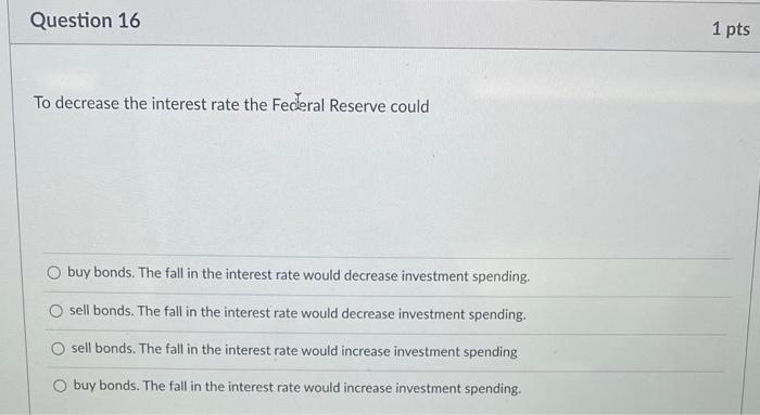 Solved Question 16 1 pts To decrease the interest rate the | Chegg.com