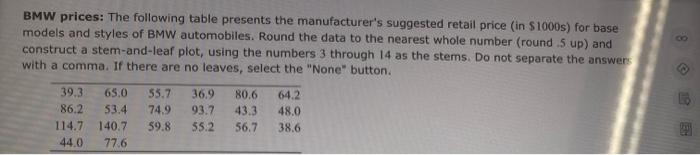 Solved BMW prices: The following table presents the | Chegg.com