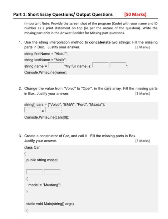 Solved Part 1: Short Essay Questions/Output Questions (50 | Chegg.com