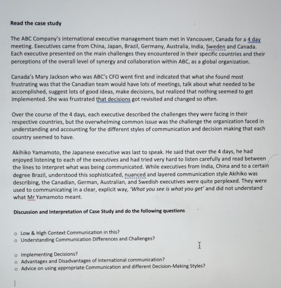 Solved Read the case study The ABC Company's international | Chegg.com