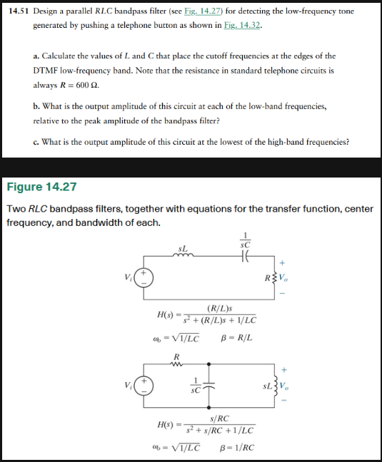 14.51 ﻿Design a parallel RLC ﻿bandpass filter (see | Chegg.com