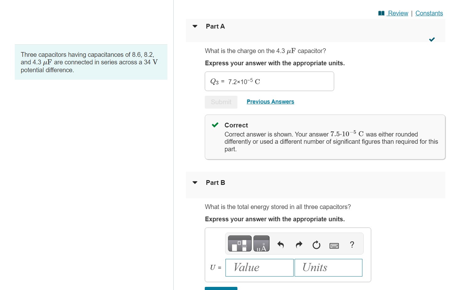 Solved Part AThree capacitors having capacitances of | Chegg.com